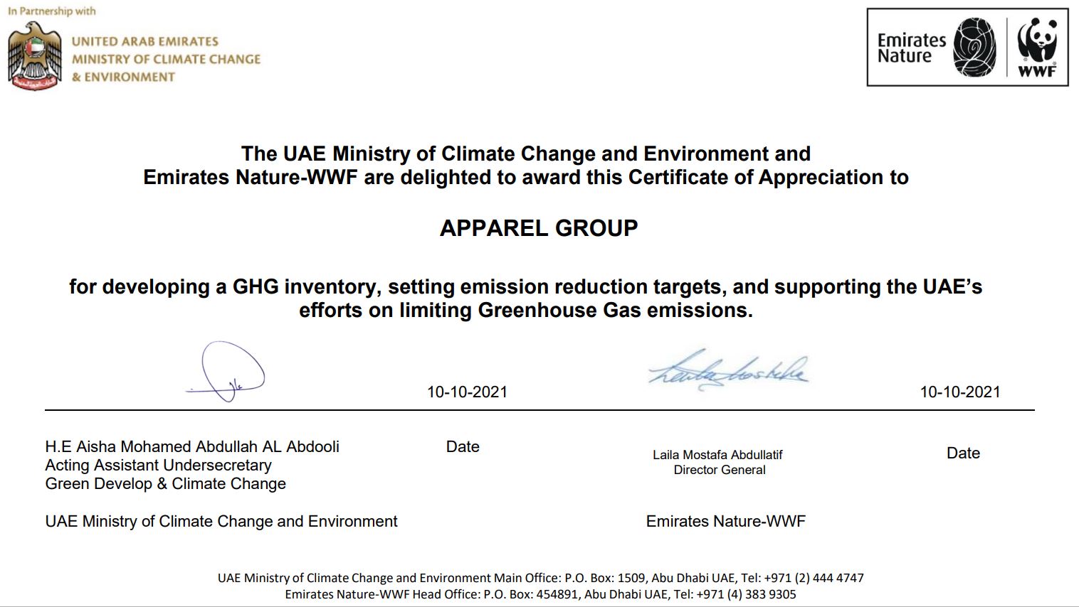 Apparel Group’s certificate of the UAE Ministry of Climate Change and ...